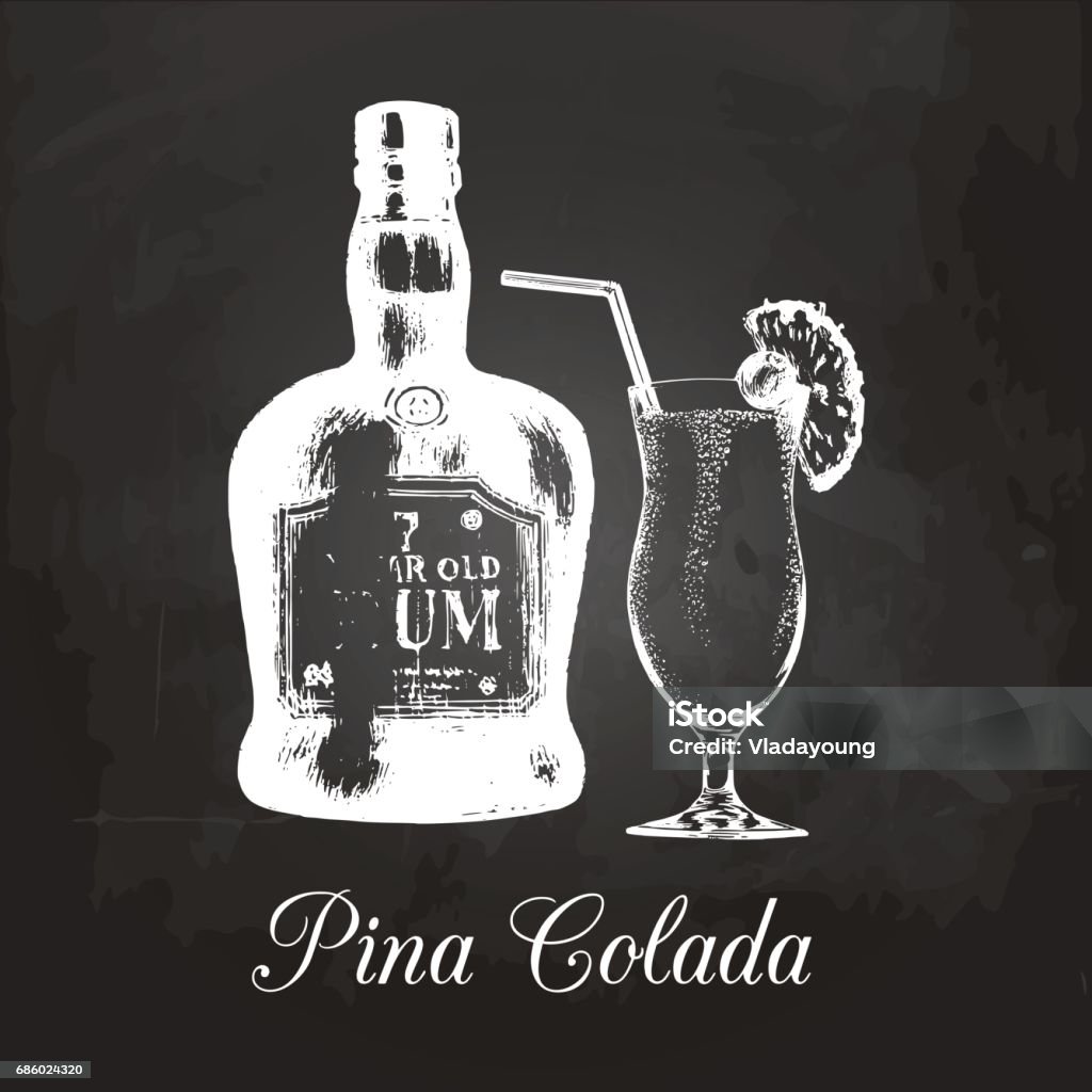 Stock ilustrace Ručně Načrtnutá Láhev Rumu A Sklenice Pina Colada ... Stock ilustrace Ručně Načrtnutá Láhev Rumu A Sklenice Pina Colada ...