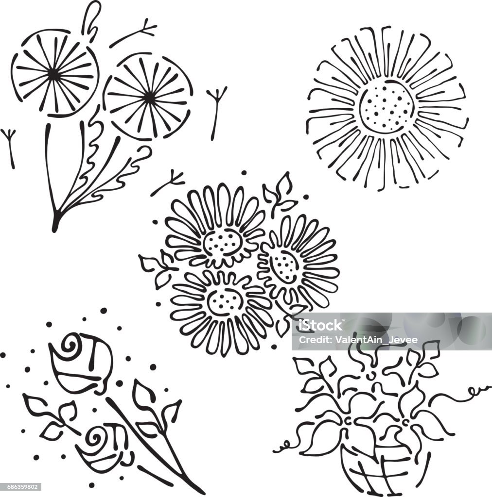 Set Bunga Vektor Ilustrasi Grafis Bunga Dengan Daun Terisolasi Di Latar