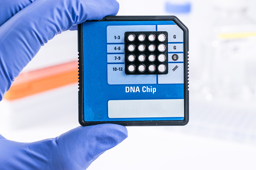 Dna 염기 서 열 분석 칩을 가진 과학자 의료 실험실 Pcr 장치에 대한 스톡 사진 및 기타 이미지 Pcr 장치 Rna