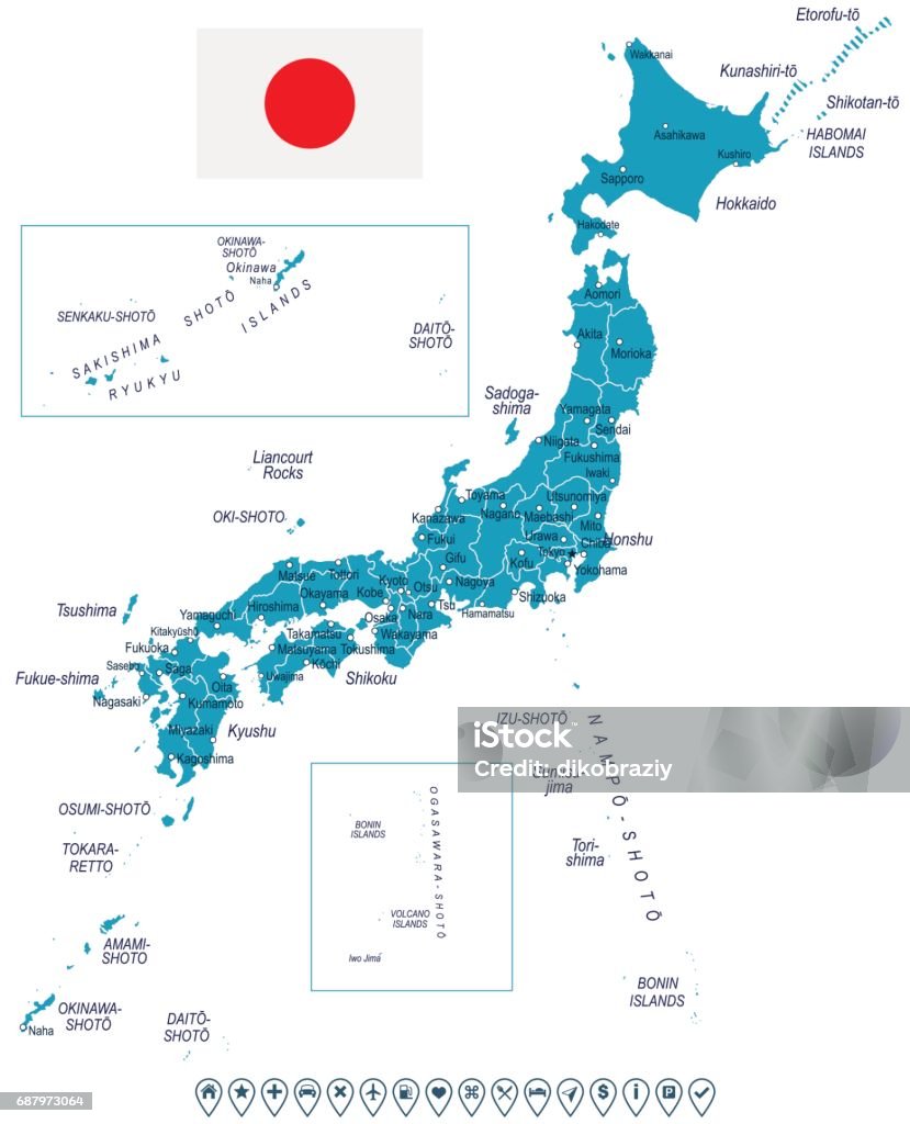 Japan Karta Och Flaggan Illustration Vektorgrafik Och Fler Bilder På Etikett Etikett Fysisk