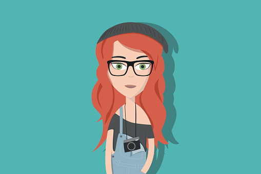 Hipster 만화 캐릭터입니다 읽기 머리 안경 인스턴트 카메라와 여자 평면 벡터 일러스트입니다 귀여운에 대한 스톡 벡터 아트