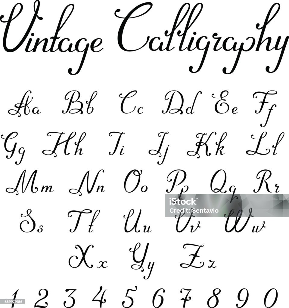 Vektor Linear Font Font Kaligrafi Vintage Nomor Huruf Jenis Kaligrafi Buatan Tangan Huruf Besar