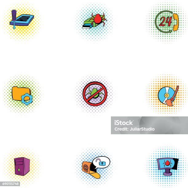 Cyber Attaque Ensemble Dicônes Style Popart Vecteurs Libres De Droits
