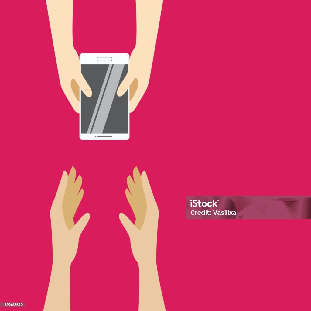 White Smartphone Pass From Hand To Hand On A Pink Background Vector Illustration In Flat Design