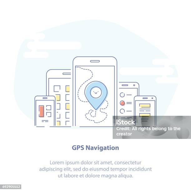 Gps 네비게이션 Gps 포인터와 함께 모바일 애플 리 케이 션 개념과 주제에 대한 스톡 벡터 아트 및 기타 이미지 개념과
