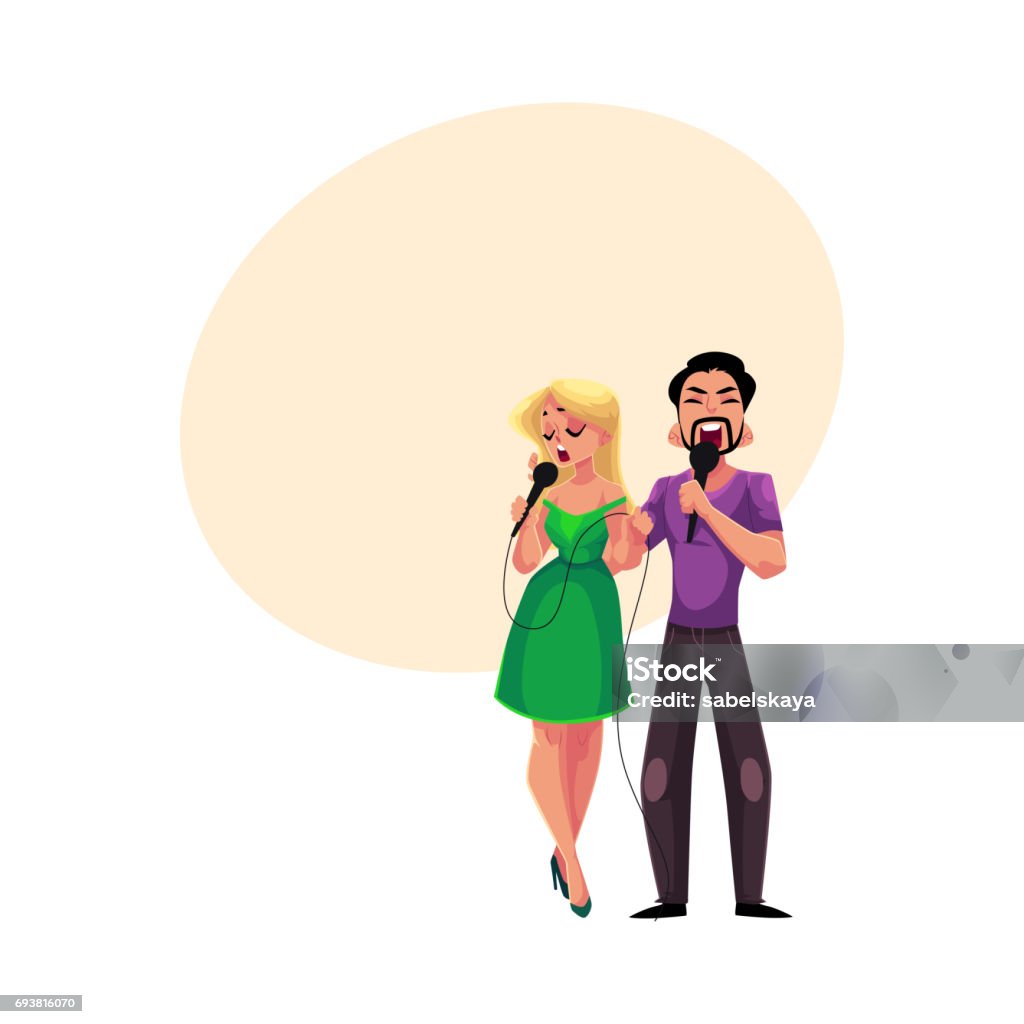 Man And Woman Singing Into Microphones Karaoke Party Contest
