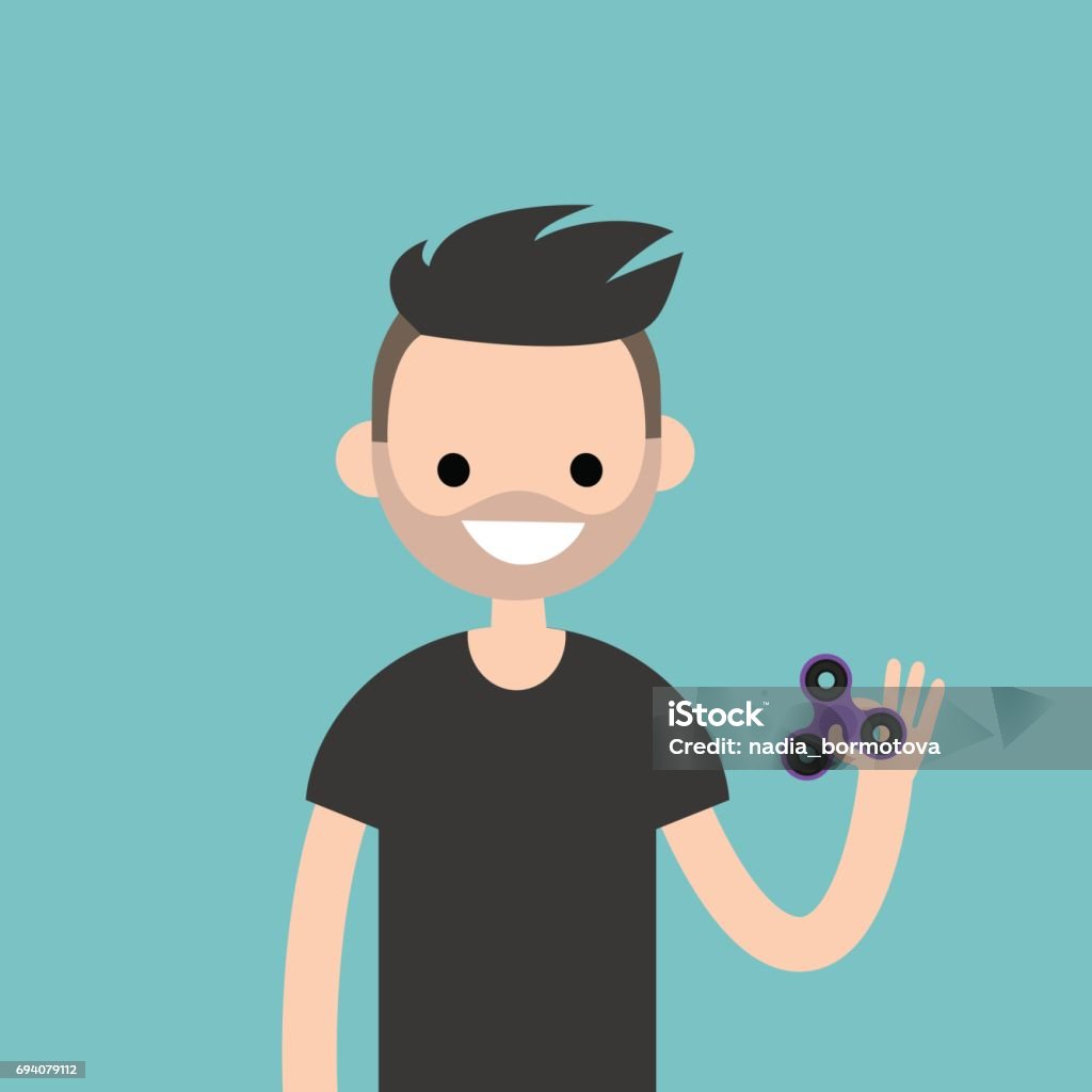 Karakter Muda Memutar Tangan Stres Menghilangkan Toy Ilustrasi Vektor