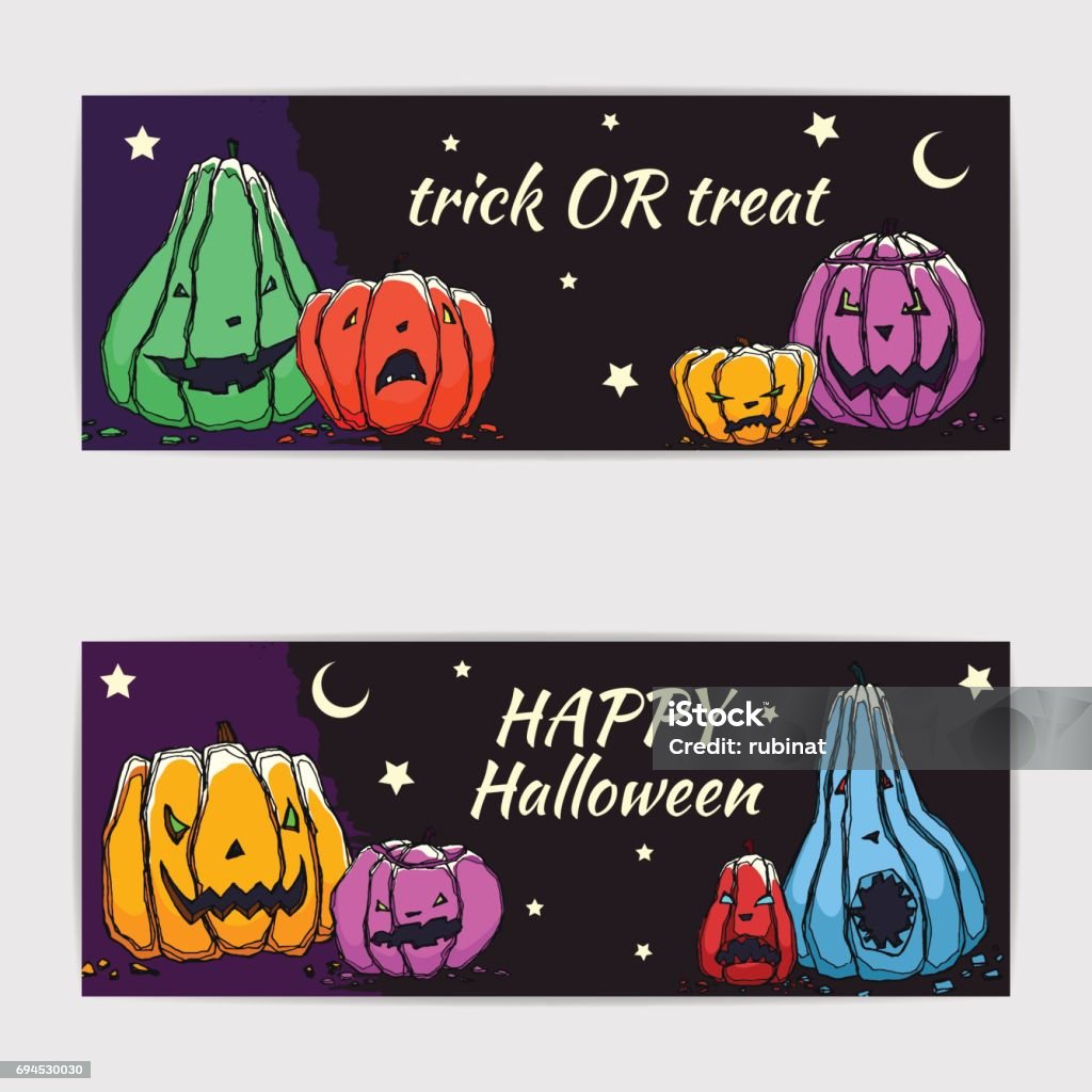 Hand Drawn Vector Halloween Cards With Jack Olantern Pumpkins Stock