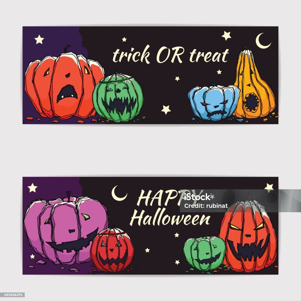 Hand Drawn Vector Halloween Cards With Jack Olantern Pumpkins Stock