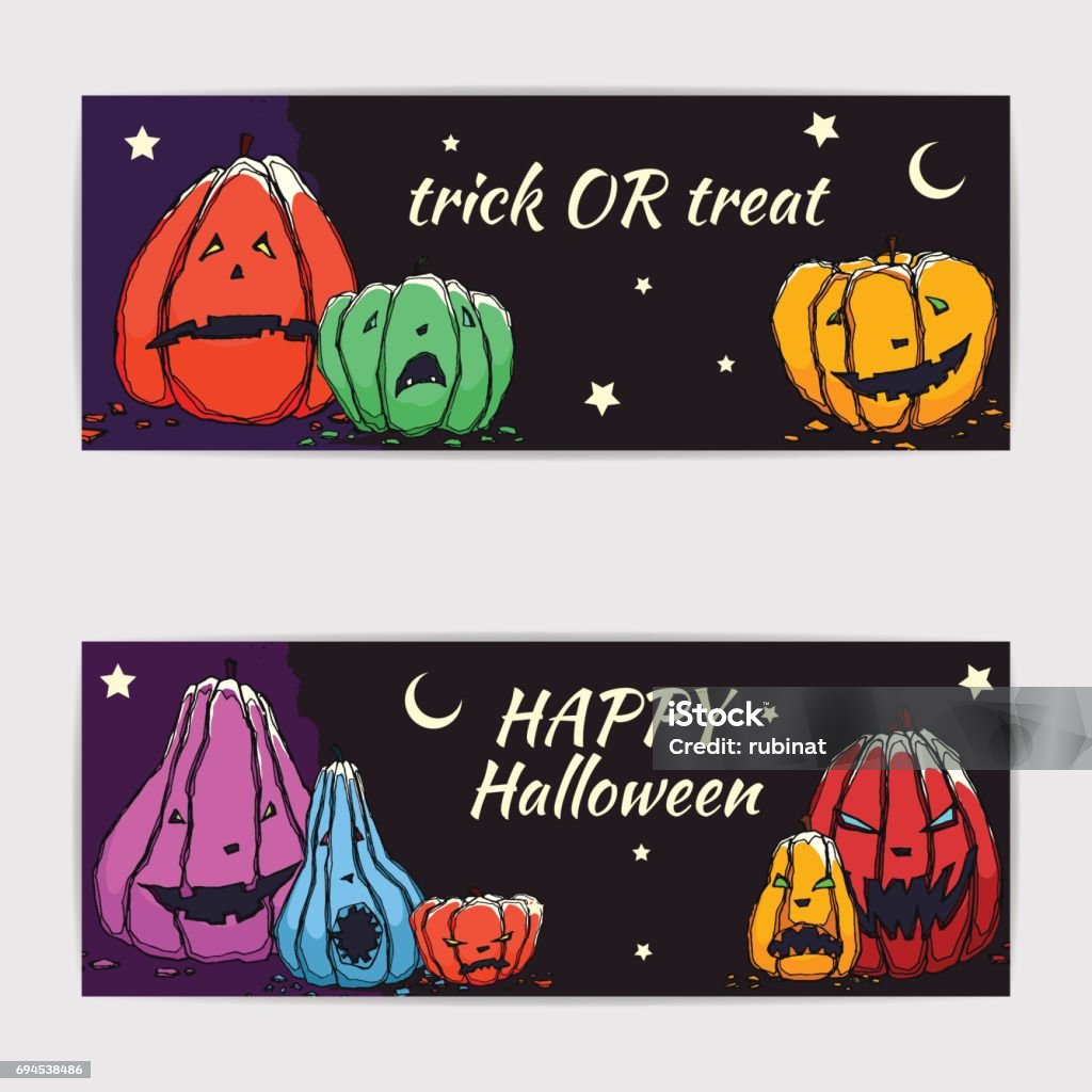 Hand Drawn Vector Halloween Cards With Jack Olantern Pumpkins Stock