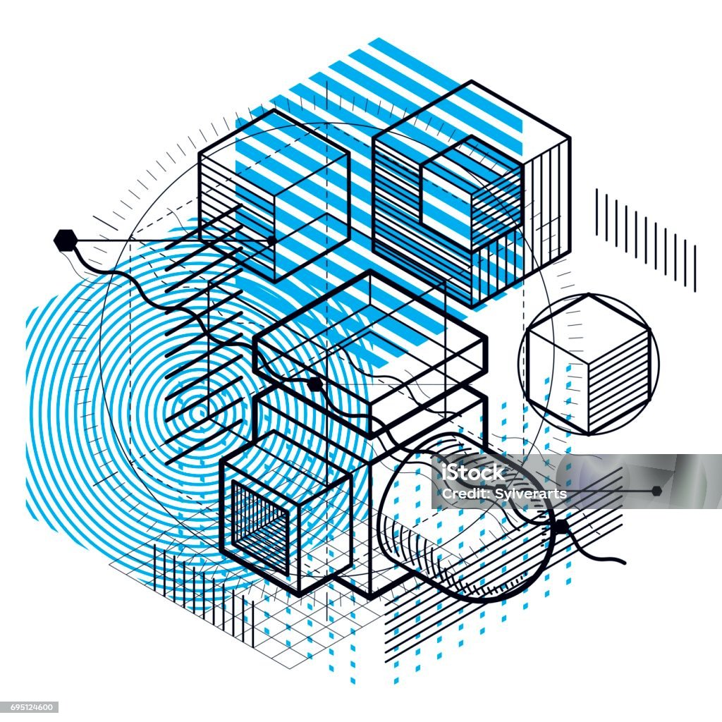 Abstract Design With 3d Linear Mesh Shapes And Figures Vector Isometric
