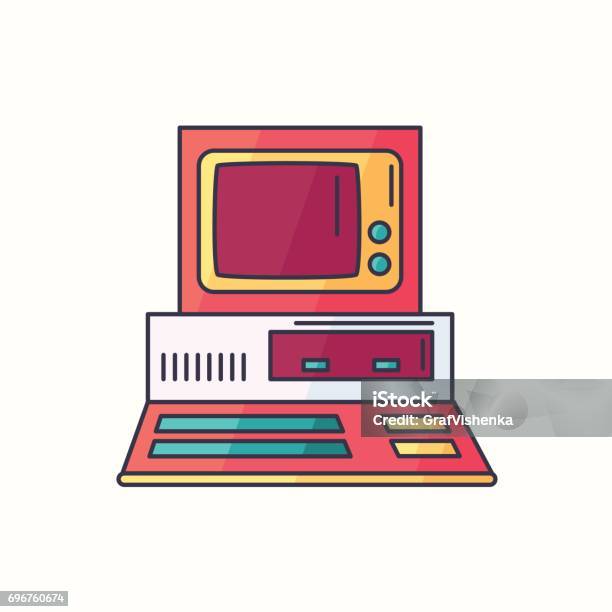 Ikon Linear Datar Pc Retro Simbol Komputer Pribadi Lama Dalam Warna