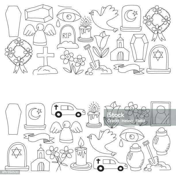 Begrafenis Dunne Lijn Pictogram Set Van Begrafenis Objecten Doodle