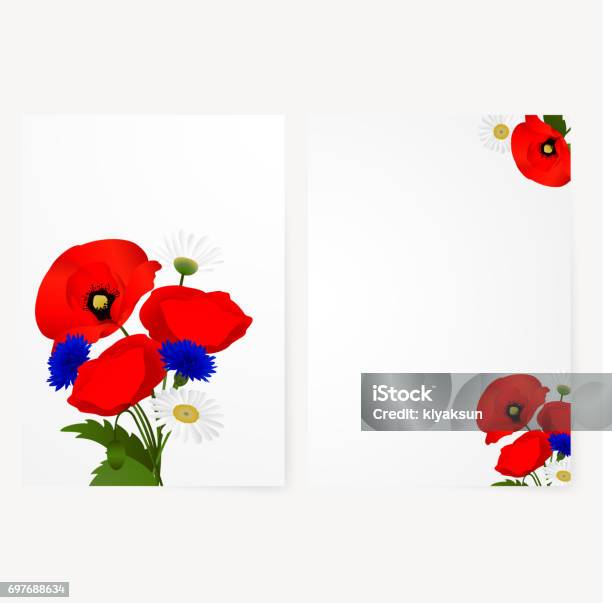 Kartu Template Dengan Chamomile Bunga Jagung Dan Poppy Bunga Merah