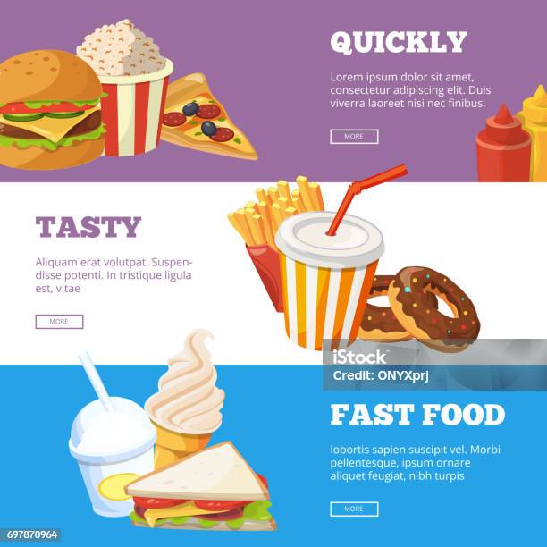 Tiga Spanduk Horizontal Ilustrasi Vektor Makanan Cepat Saji Dengan