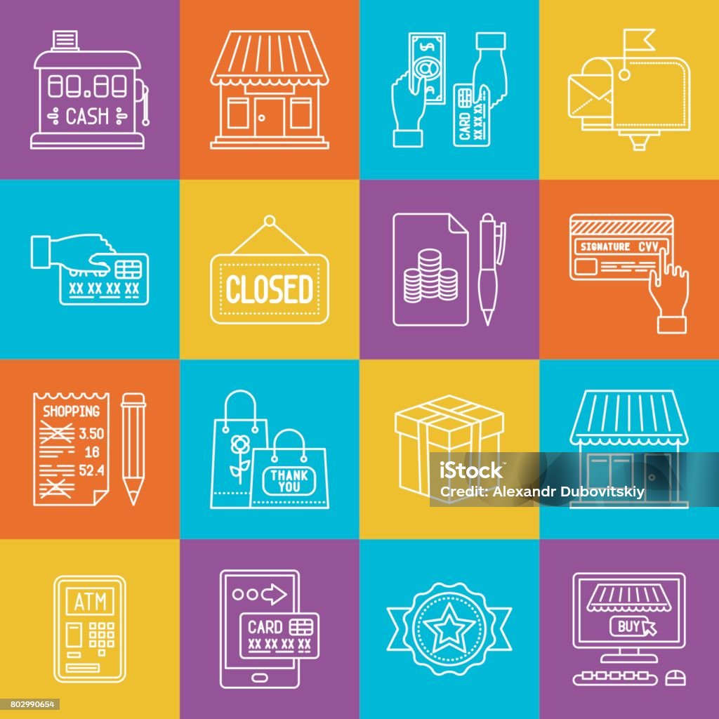 Shopping And Consumerism Lineart Minimal Vector Iconset On Multicolor ... Shopping And Consumerism Lineart Minimal Vector Iconset On Multicolor ...