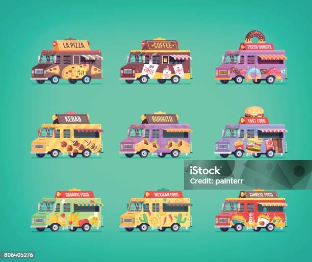 Seperangkat Ikon Truk Makanan Datar Komposisi Konsep Desain Modern