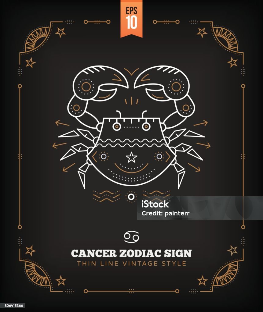 Vetores De Rótulo De Sinal Do Zodíaco Câncer Vintage Linha Fina Símbolo