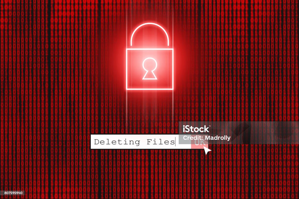 Red Neon Locked Padlock Icon In Front Of Binary Code Screen Hacking