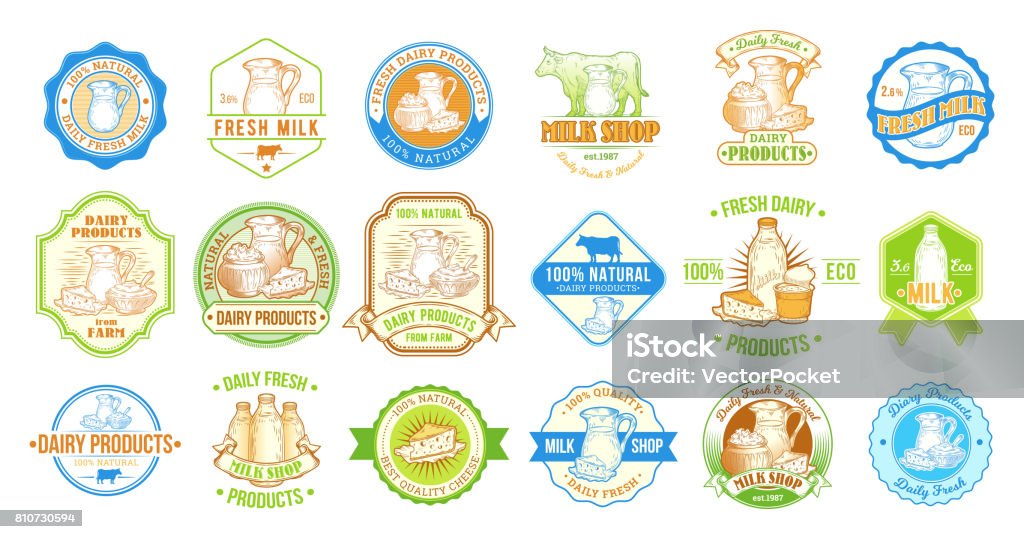 Seperangkat Ilustrasi Vektor Lencana Stiker Label Stempel Untuk Susu