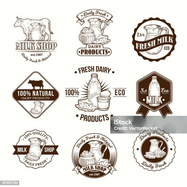 Seperangkat Ilustrasi Vektor Lencana Stiker Label Stempel Untuk Susu