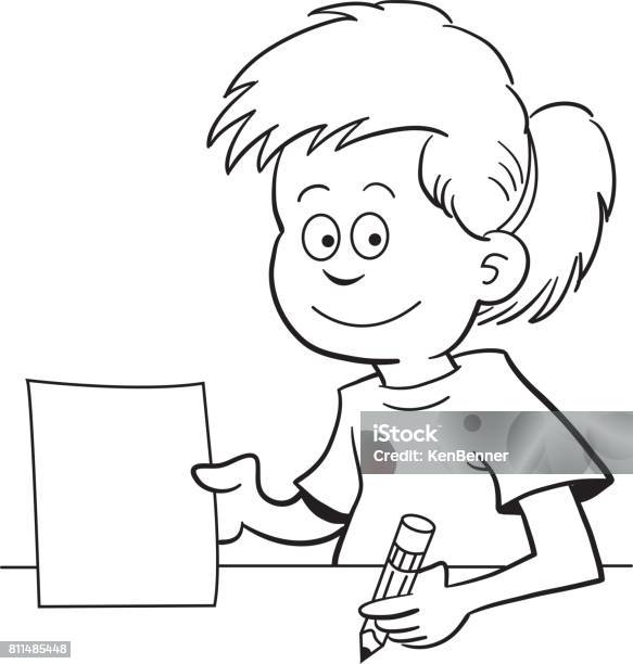 Gadis Kartun Duduk Di Meja Dan Memegang Kertas Dan Pensil Ilustrasi