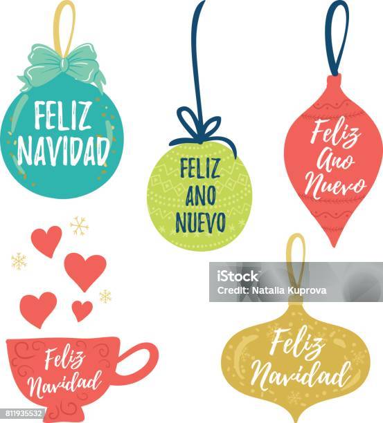 Feliz Navidad 핸드 레터링 스페인어에 크리스마스와 새 해 휴가 서 예 서 예 공 컵 요소 레터링 손으로 벡터 겨울