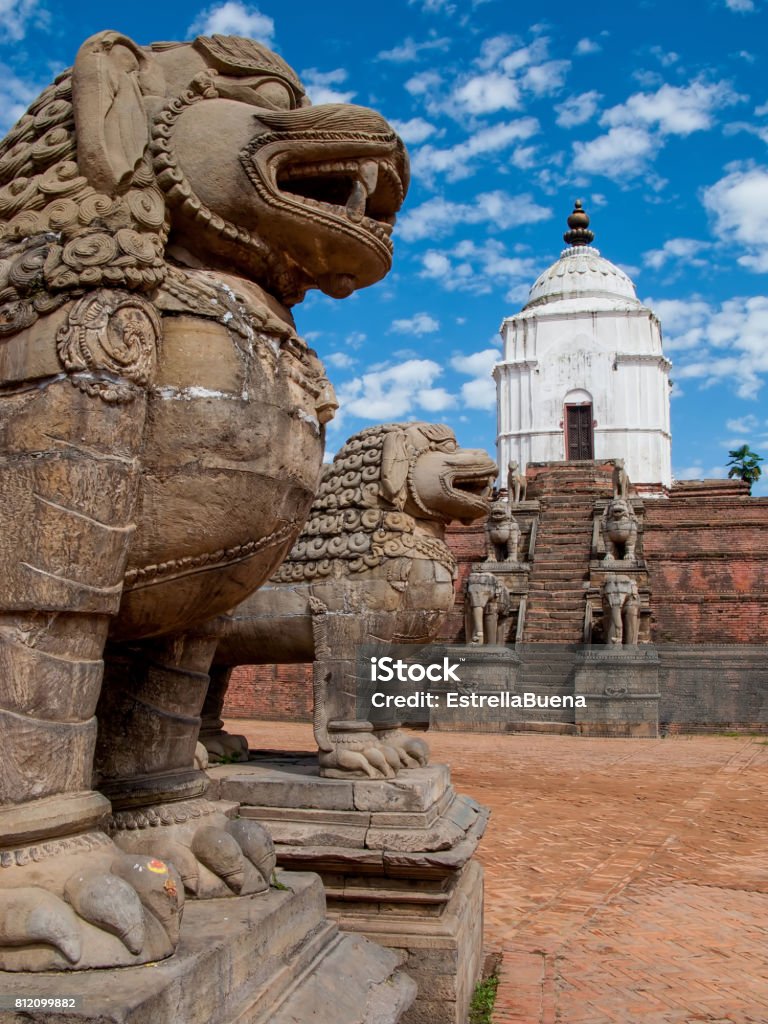 Kathmandu Bhaktapur Nepal Ancient Stone Lions And The Large White