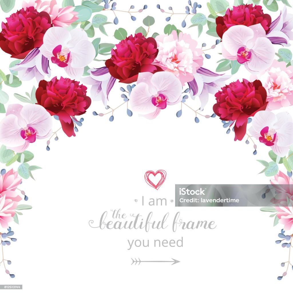 Bingkai Karangan Bunga Setengah Lingkaran Dengan Mawar Peony Campanula