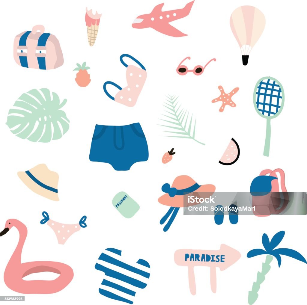 Summer Elements In Retro Style Pastel Colors Summer Graphic Isolated On