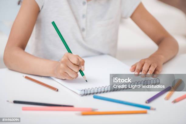 Tampilan Cropped Gadis Menggambar Dalam Album Dengan Pensil Warnawarni