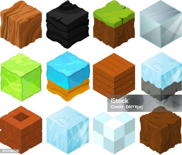 Ilustrasi Tekstur Kartun Pada Blok Isometrik Yang Berbeda Untuk Desain