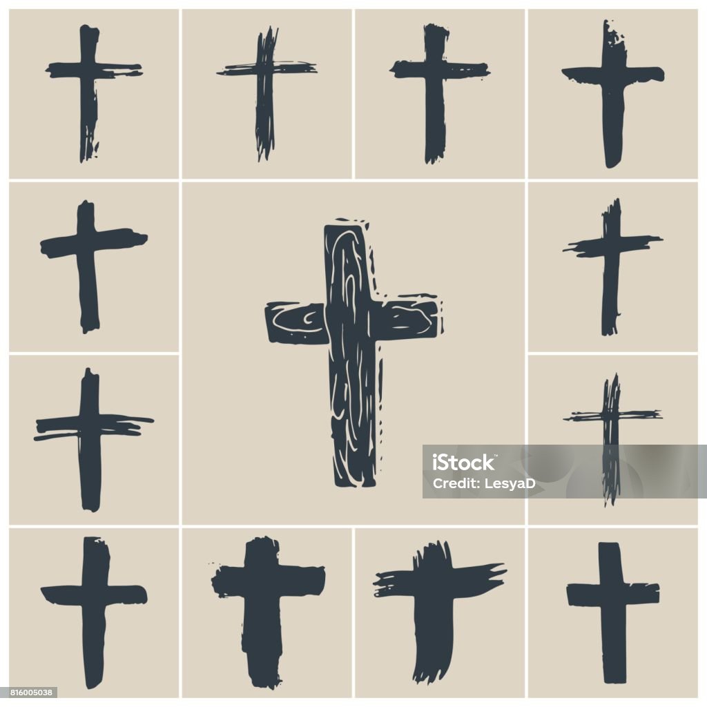 Grunge Tangan Digambar Simbol Salib Diatur Salib Kristen Ikon