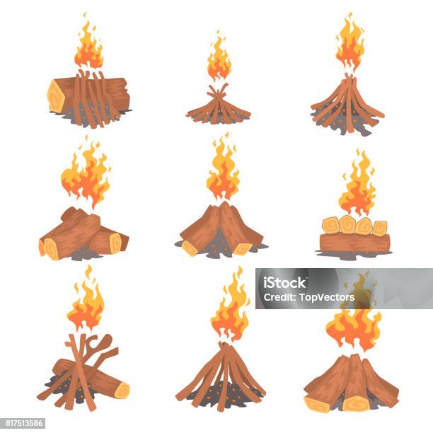 Kartun Api Unggun Ditetapkan Jenis Tcampfires Wisata Vektor Ilustrasi