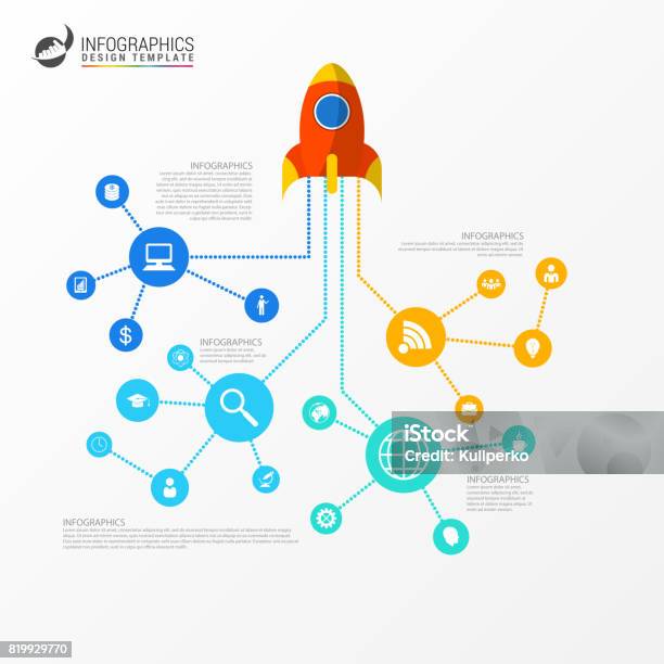 Templat Infografis Konsep Jaringan Bisnis Dengan Roket Ilustrasi Stok