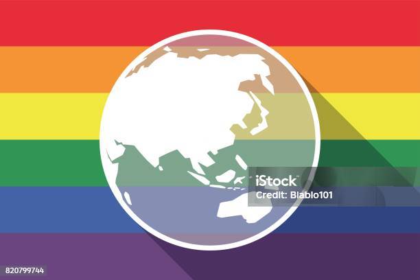 Long Shadow Gay Pride Flag With An Asia Pacific World Globe Map Stock