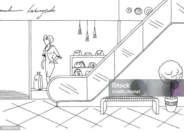 Pusat Perbelanjaan Grafis Hitam Putih Interior Sketsa Ilustrasi Vektor