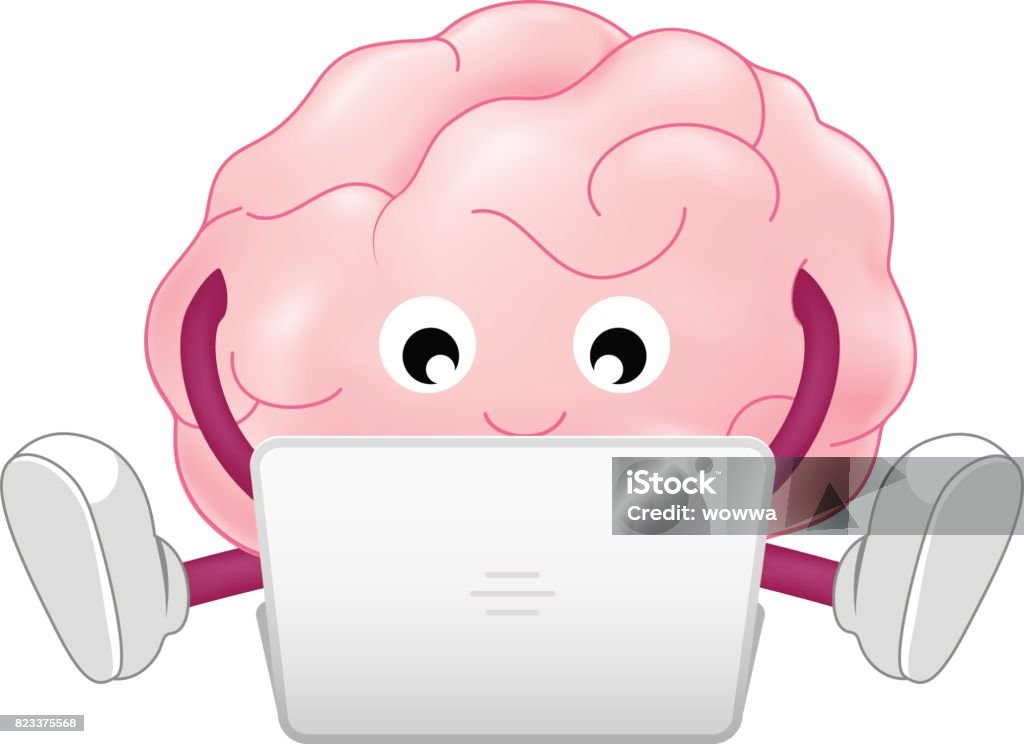 Cute Happy Smiling Brain Character Sitting With Laptop Computer Stock ... Cute Happy Smiling Brain Character Sitting With Laptop Computer Stock ...