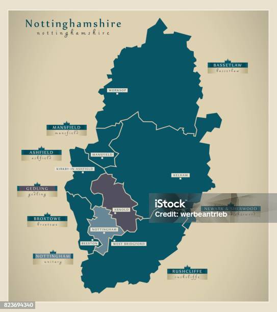 Stock Ilustrace Moderní Mapa Hrabství Nottinghamshire S Okresními