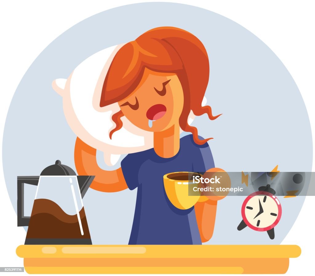 Kartun Lelah Mengantuk Menguap Wanita Dengan Secangkir Kopi Ilustrasi