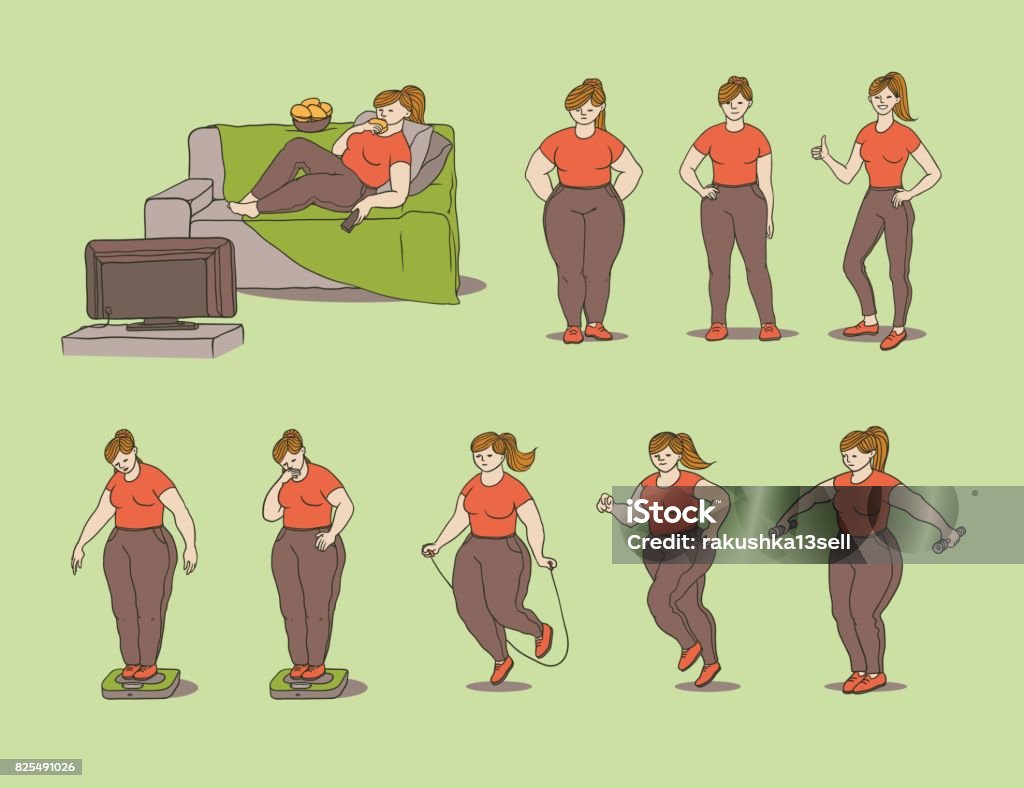 Vector Sketch Set Illustration Of How A Fat Girl Loses Weight Young