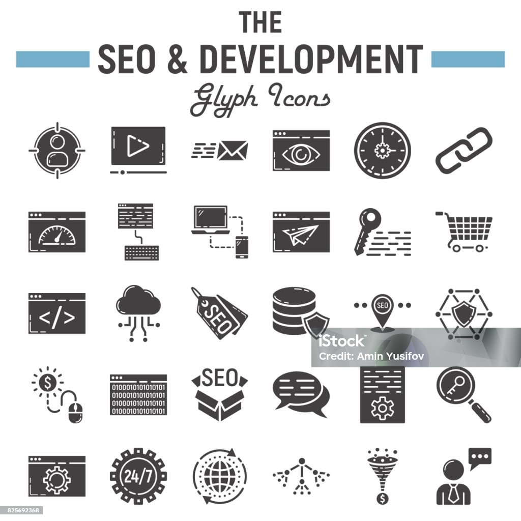 Seo 和發展字形圖示集商業符號集合行銷向量草圖圖示插圖業務標誌固體象形圖包在白色的背景下eps 10 分離向量圖形及更多互聯網圖片 Istock