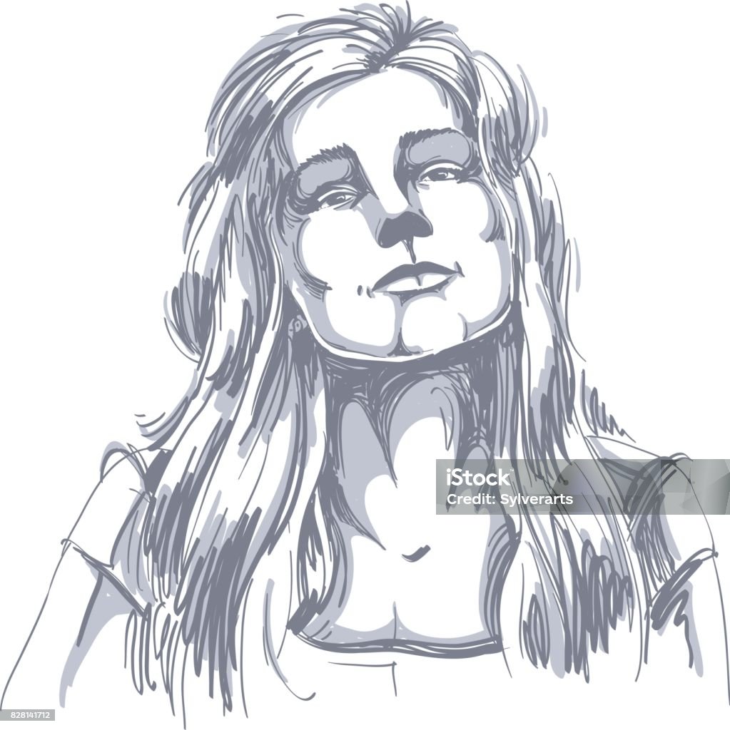 Handdrawn Portrait Of Whiteskin Flirting Woman Face Emotions Theme