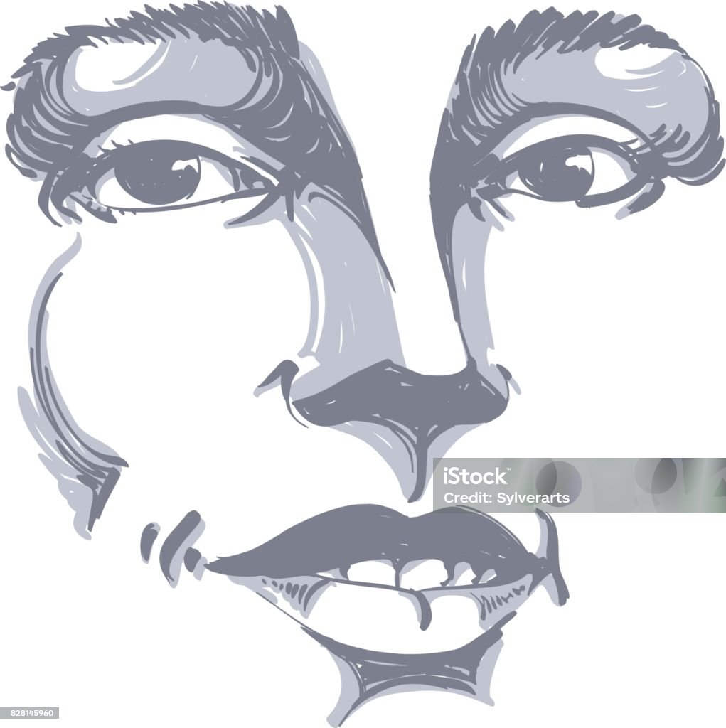 Handdrawn Portrait Of Whiteskin Flirting Woman Face Emotions Theme