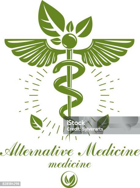 Caduceus 상징 유독한 뱀 및 새 날개 의료 개념 벡터 일러스트 레이 션으로 구성 대체 의학 테마입니다 개념에 대한 스톡