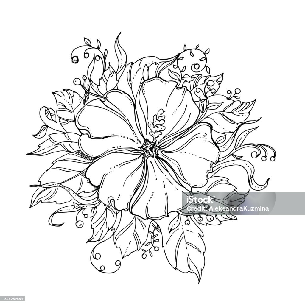 Vetores De Preto E Branco Mão Desenhada Ornamento Floral Com Flor De
