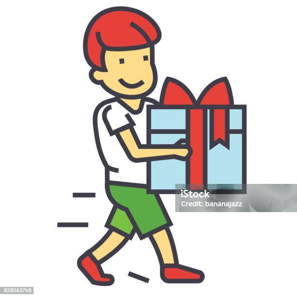 Bocah Imut Yang Memegang Konsep Kotak Hadiah Besar Ikon Vektor Garis ... Bocah Imut Yang Memegang Konsep Kotak Hadiah Besar Ikon Vektor Garis ...