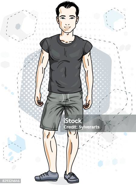 Brunet 잘생긴 젊은 남자와 육각형 현대 배경에 포즈 남자의 벡터 그림입니다 라이프 스타일 테마 클립 아트입니다 T 셔츠에