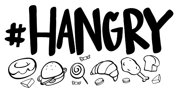 Hangry 많은 음식에 대 한 단어 표현 건강에 좋지 않은 음식에 대한 스톡 벡터 아트 및 기타 이미지 건강에 좋지 않은