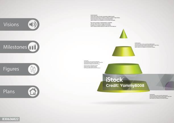 3d 그림 Infographic 템플릿 콘 삼각형의 모티브로 간단한 기호 및 샘플 텍스트 바에 측면에 4 개의 녹색 조각 가로